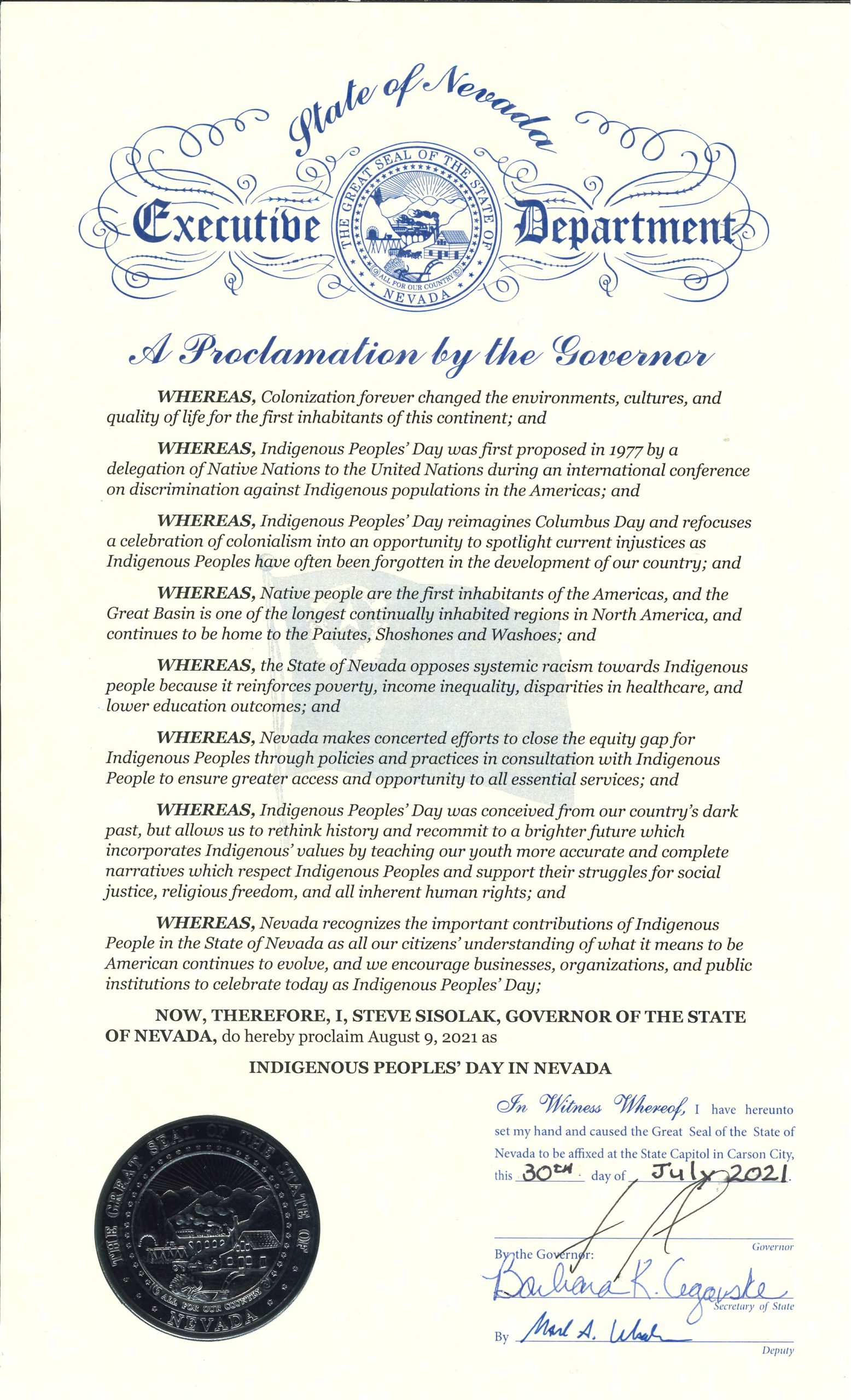 Governor Sisolak Proclaims August 9th as Indigenous People's Day in ...