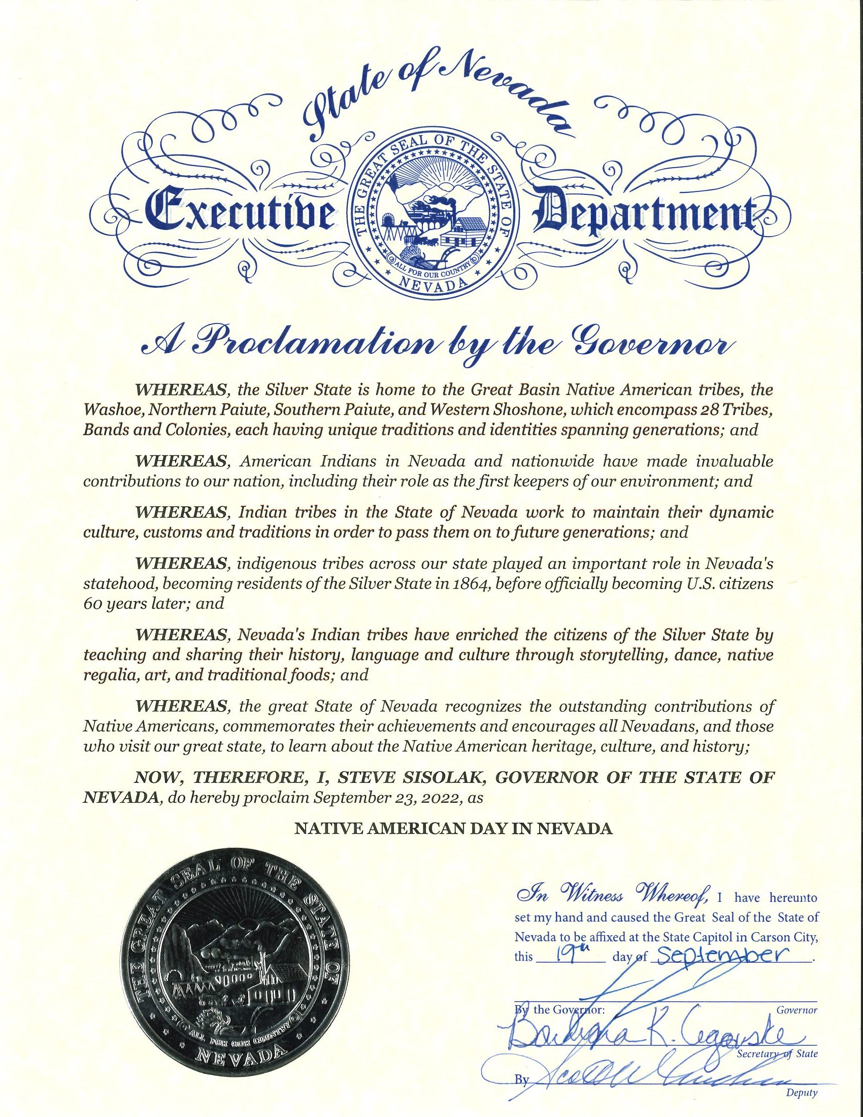 Governor Sisolak Proclaims September 23, 2022 Native American Day in ...